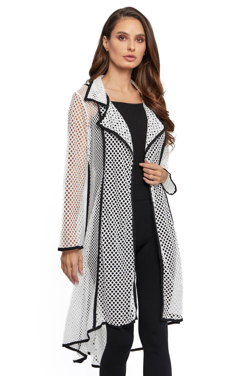 Long White Lace Open Duster With Black Trim – la Federicks